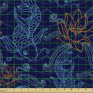 Ambesonne Fish Fabric by The Yard, Oriental Koi Fish Floral Arrangement Petals and Leaves Doodle Style Animal, Decorative Fabric for Upholstery and Home Accents, 3 Yards, Orange Blue
