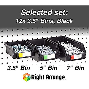 Right Arrange – Pegboard Bins - 12 Pack Black - Hooks to Any Peg Board - Organize Hardware, Accessories, Attachments, Workbench, Garage Storage, Craft Room, Tool Shed, Hobby Supplies, Small Parts