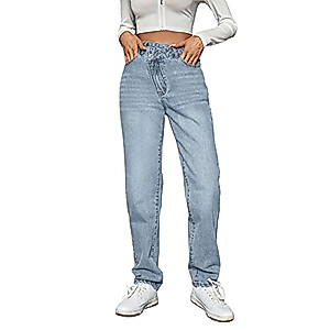 SweatyRocks Women's High Waisted Straight Leg Long Jeans Asymmetrical Waist Denim Pants Solid Pale Blue M