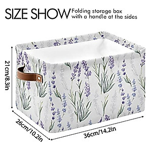Lavender Flowers Storage Basket Fabric Storage Bin Laundry Baskets, Leaves Green Purple Foldable Storage Boxes Organizer Bag for Baby Cloth Dog Toy Book Storage Cubes Shelf Closet Basket 16×12×8