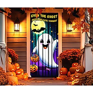 Halloween Door Cover, Cute Halloween Front Door Banner Covering Decorations, Fabric Halloween Door Hanging Banner Backdrop Decor Indoor Outdoor Halloween Party Supplies Decorations 72.8x35.4 Inch