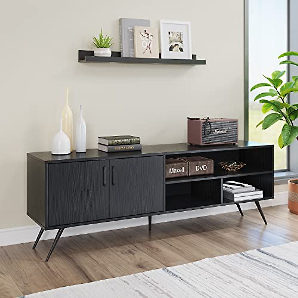 Panana 62.99" TV Stand Television Stands TV Console Unit with 3 Open Cubby and 2 Doors Big Storage Cabinets for Living Room Bedroom for TVs up to 70 Inches (Black 2 Doors + 3 Open Shelves)