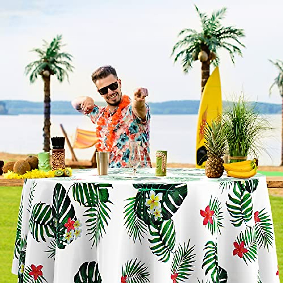 Oudain 3 Pieces Hawaiian Tablecloth 84 Inch Luau Tropical Flower Round Table Cloth Plastic Disposable Palm Summer Table Cover for Beach Birthday Kid Party Decorations Supplies (Fresh Style)