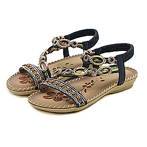 Summer Fashion Women Casual Open Toe Flat Rhinestone Comfortable Soft Bottom Breathable Elastic Band Shoes Sandals Leopard Print Heels for Women Sandal (Blue, 7.5)