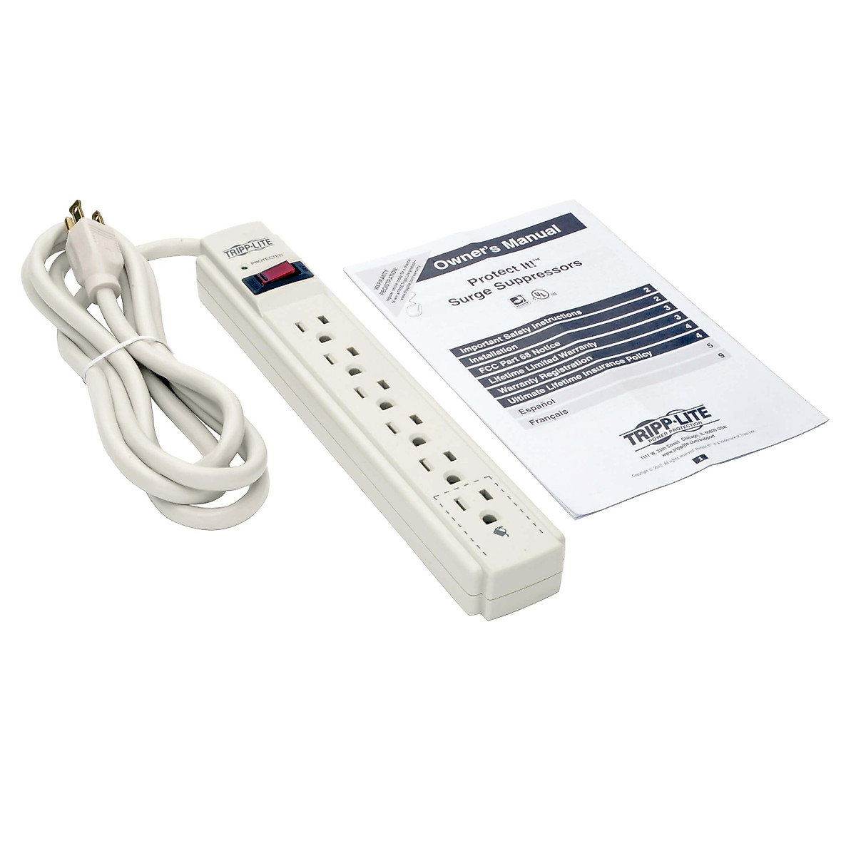Tripp Lite 6 Outlet Surge Protector Power Strip 6ft Cord 790 Joules LED & INSURANCE (TLP606) Gray
