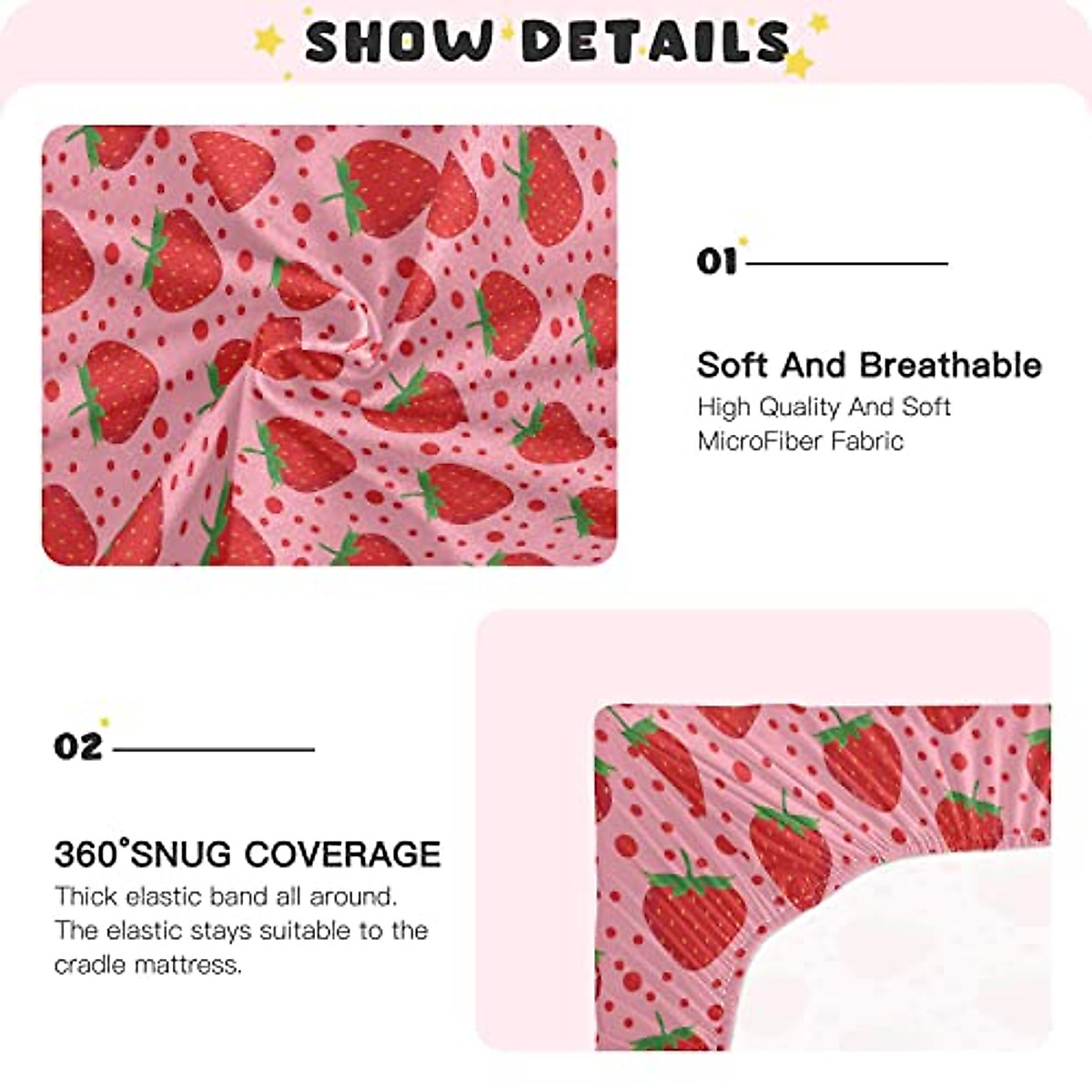 Kigai Strawberry with Dots Fitted Crib Sheet for Girls and Boys, Soft Breathable for Standard Crib & Toddler Bed Mattress, 27 x 39 in