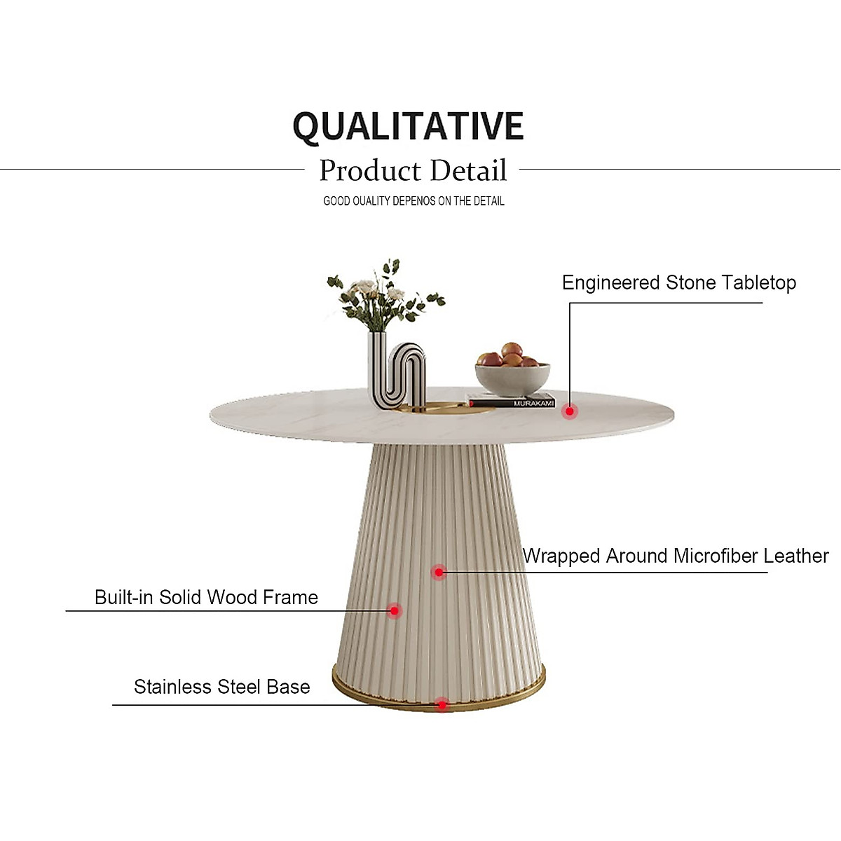 Modern Engineered Stone Dining Table - 53" Round Dining Table with Cylindrical Base, 1-Piece Dining Room Table for Up to 6 for Kitchen, Restaurant