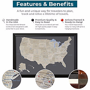 Push Pin Travel Maps Customizable Wall Art - Earth Toned US - Barnwood Gray - Personalized Framed Pin Map, Includes 150 Pins - Handcrafted in USA - 27.5" x 39.5"