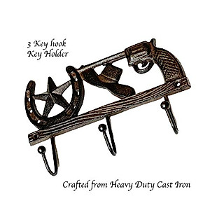 Urbalabs Western Cast Iron Rustic Country Wall Hooks Coat or Key Holder Wall Hook Mounted Decorative for Hats, Coats, Keys, Towels, Mudroom, Entryway, Mancave Bronze (Western 6 Shooter Star and Hat)