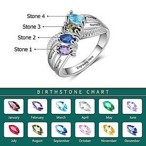 LoraPetid Personalized 4 Birthstone Mother Rings For Women Heart Engagement Name Rings Initial Rings with Simulated Birthstones Customized Best Friend Rings for Women (style 2, 7)
