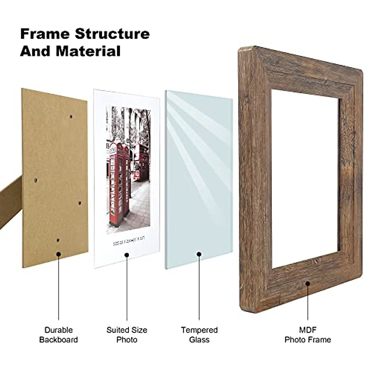 8x10 Picture Frames Set, Set of 4 Wooden Picture Frames Real Tempered Glass and Composite Wooden Rustic Rounded Corners Photo Display for Tabletop Wall Mount with Hanging Hardware and Stand (Brown)