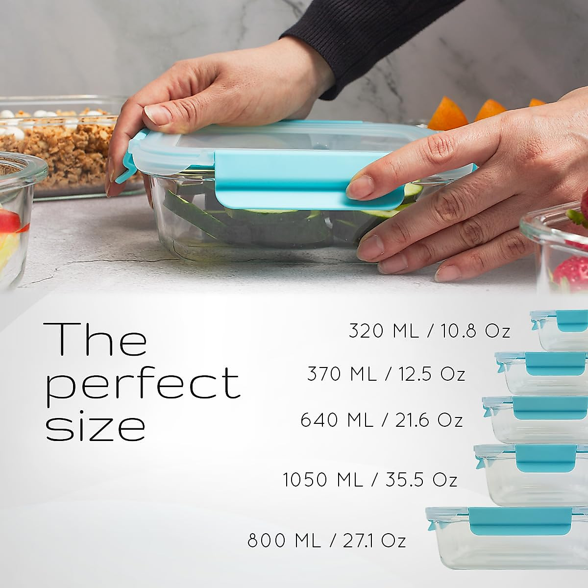 Ceybo 12 Set Air-Tight Glass Food Storage Containers with Snap Lids, Microwave-Safe, for Lunch, Meal Prep and Leftovers (Blue)