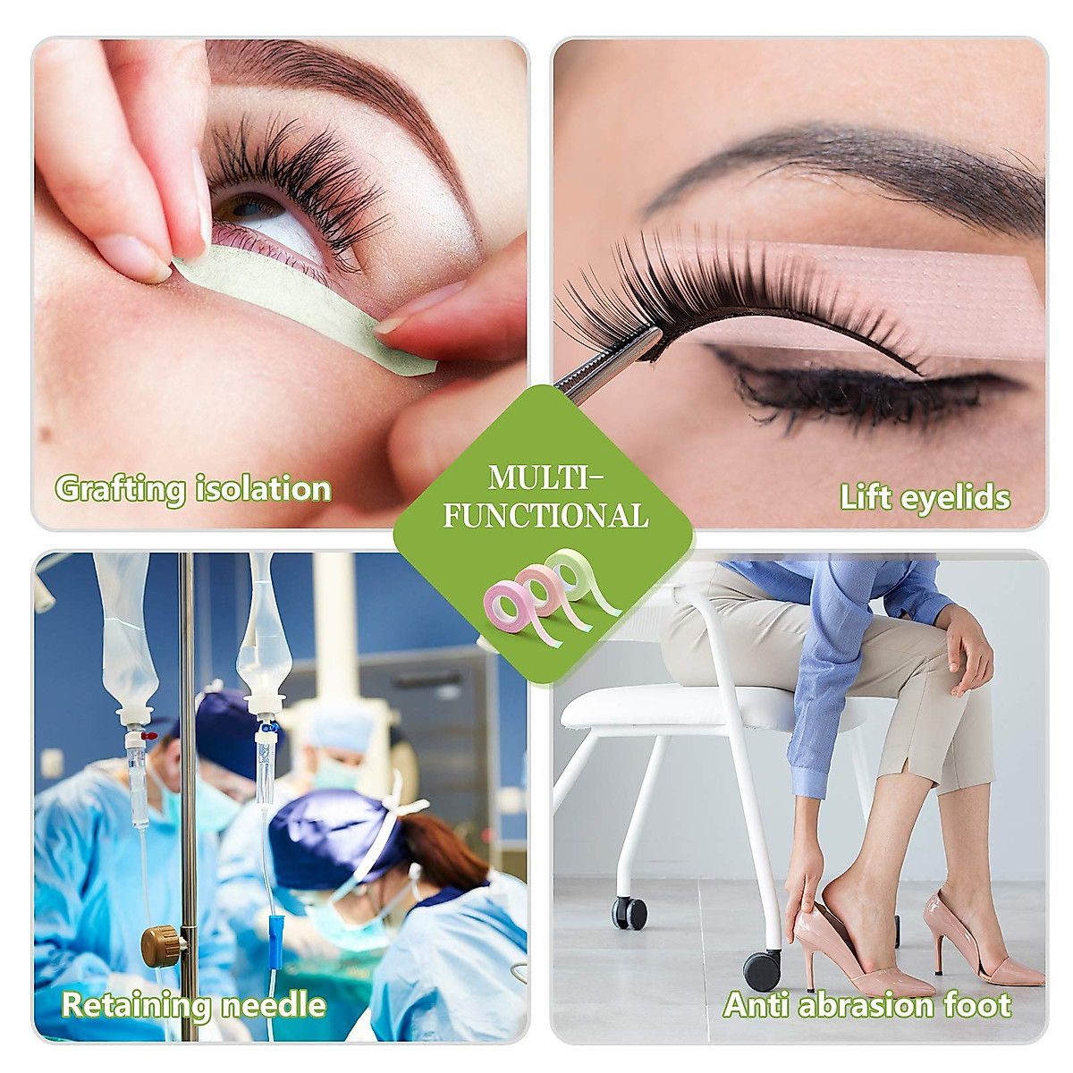 Maitys 6 Roll Lash Tape for Eyelash Extensions with Eyelash Tape Dispenser Cutter Breathable Adhesive Fabric Tape for Eyelash Extension Supplies 0.5 Inch Wide 10 Yard Long (Green, Pink, Purple)