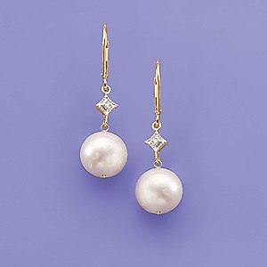 Ross-Simons 10.5-11mm Cultured Pearl Drop Earrings With Diamond Accents in 14kt Yellow Gold