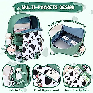 Unineovo Cow Print Kawaii Backpack with Cute Pin Accessories Plush Pendant Kawaii School Backpack Cute Aesthetic Backpack