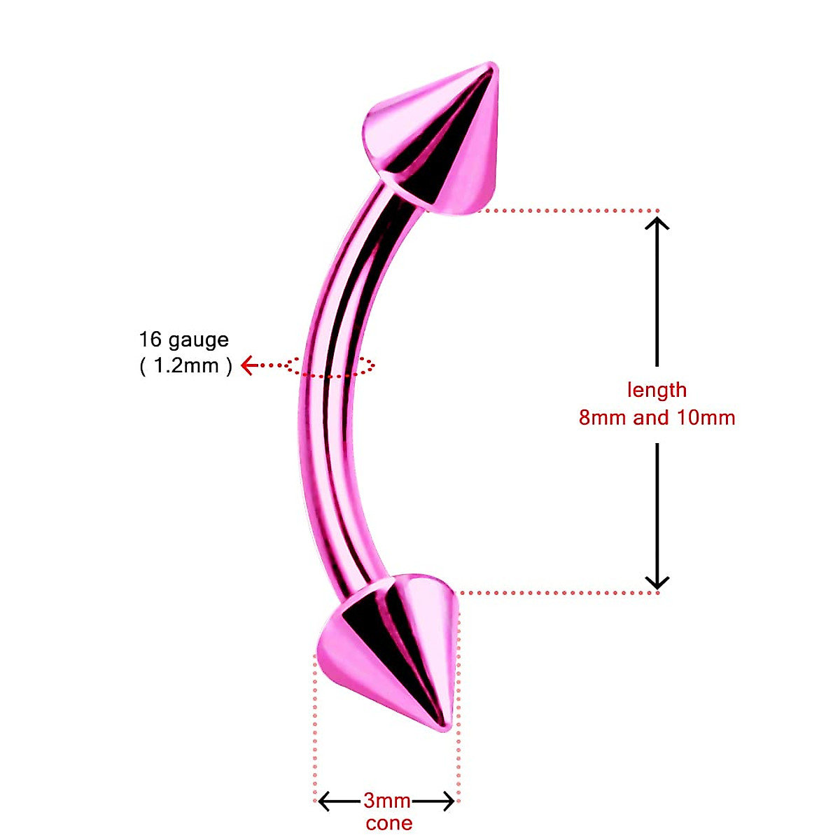 Curved Barbells 16Gx3/8(1.2x10MM) Purple NEON Anodized Over 316L Surgical Steel with 3MM Cone Eyebrow Jewelry
