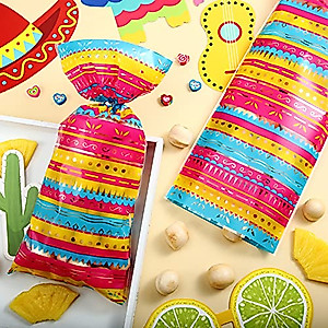 Keeoye 100 Pieces Mexican Fiesta Party Candy Bags Halloween Day of the Dead Treat Bags Cinde Mayo Cellophane Goodies Bags with 100 Silver Twist Ties for Fiesta TaBar (Keeoye-Party Favors-0718)