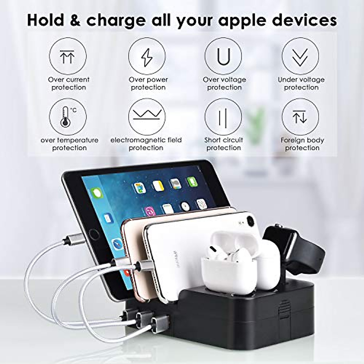 Charging Station for Multiple Devices 6 Port 30W MUZHI Fast Multi USB Charger Station Dock HUB Desktop Wall Charge Stand Organizer for iPad iPhone Airpods iwatch Kindle Tablet Smart Cell Phones Black