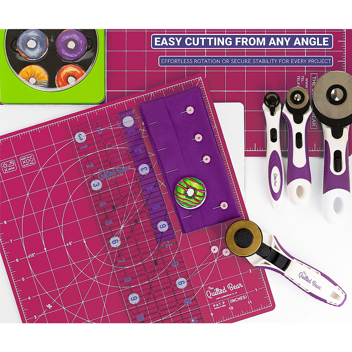 The Quilted Bear Rotating Cutting Mat 12" x 12" - Square Self Healing 360° Rotating Craft Cutting Mat with Innovative Locking Mechanism for Quilting & Sewing Your Choice of Colours Available! (Pink)