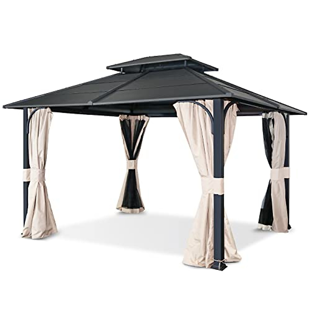 EAGLE PEAK 12x14 Outdoor Steel Frame Hardtop Gazebo Pavilion with Double Roof for Garden, Patio, Lawn and Party, Mosquito Mesh Netting and Light Beige Privacy Curtains Included, Black