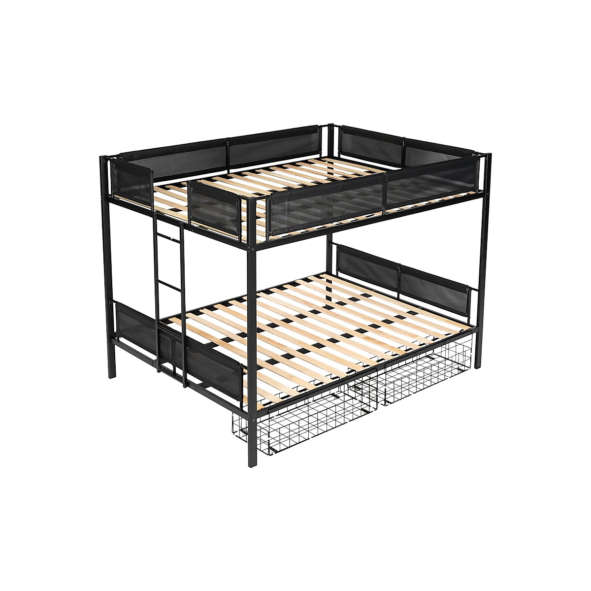 DNYN Queen Over Queen Bunk Bed with Storage Drawers & Wood Slat Support & Ladder & Safety Rails for Kids/Adults,Space Saving Design & No Box Spring Needed,Perfect for Dorm,Bedroom,Guest Room, Black