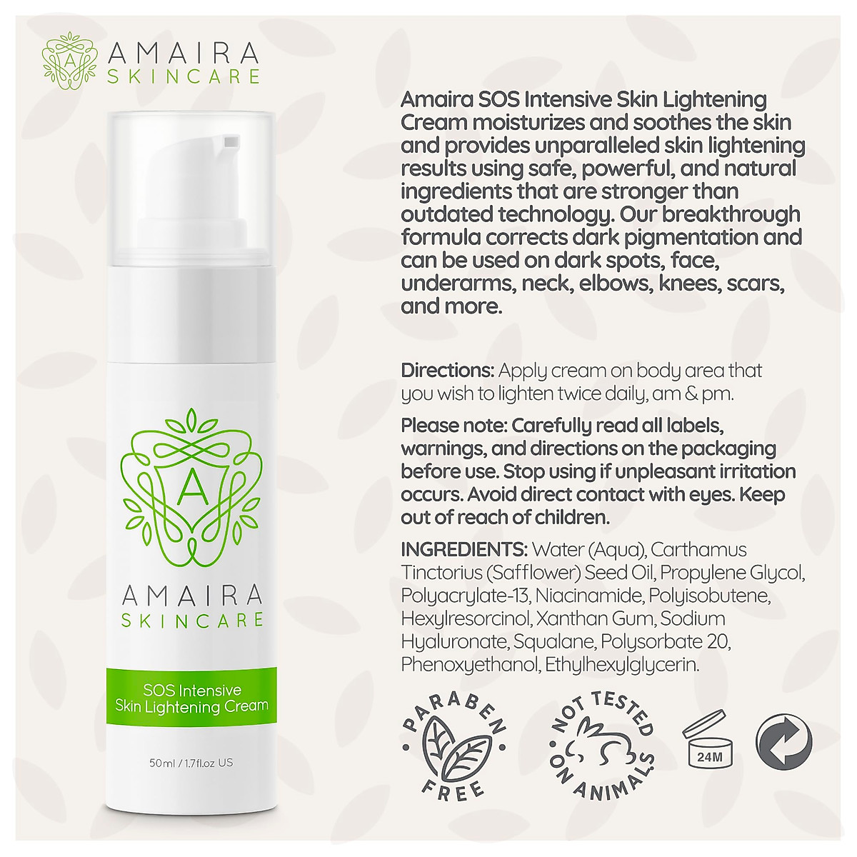 Amaira SOS Intensive Skin Lightening Cream - Natural Brightening Cream and Dark Spot Remover for Body - for Face, Underarms, Knees, Elbows, Dark Spots (1.7 fl oz)