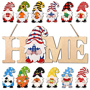 Interchangeable Gnomes Home Sign Wood Halloween Gnomes Decor Seasonal Gnome Gifts Fall Home Decor Summer Gnome Porch Sign with 12 Pieces Changeable Gnomes Rustic Door Sign Decor (Wood Color)