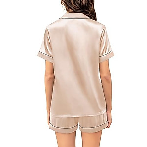 SWOMOG Couple Matching Pajamas Sets Women & Men Button Down Silk Pjs Short Sleeve Soft Lounge Sets 2 Pcs Loungewear Champagne