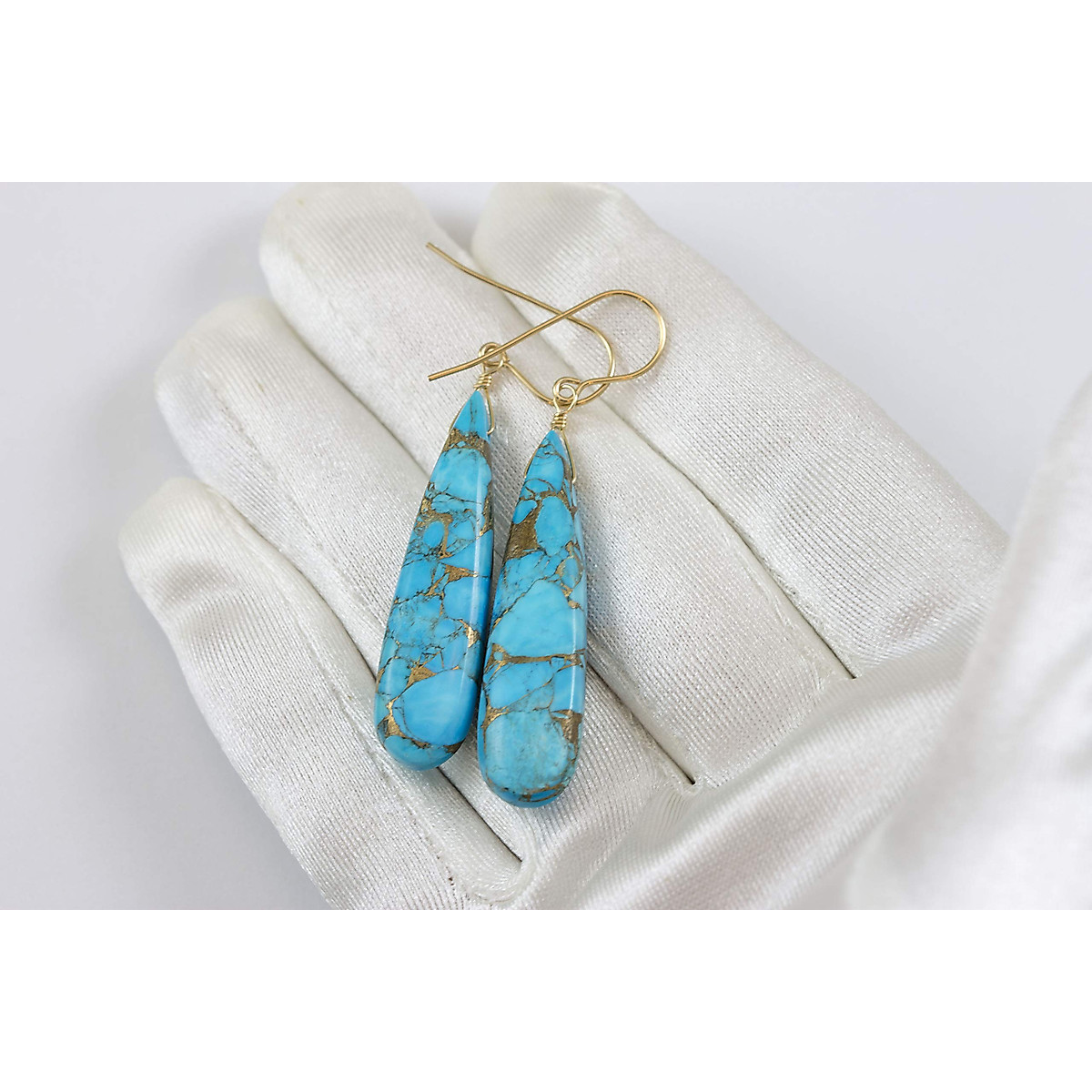 14K Yellow Gold Blue Turquoise 2-1.4" Earrings with Coppery Mosaic Veining Long Large Simple Dangle Drops