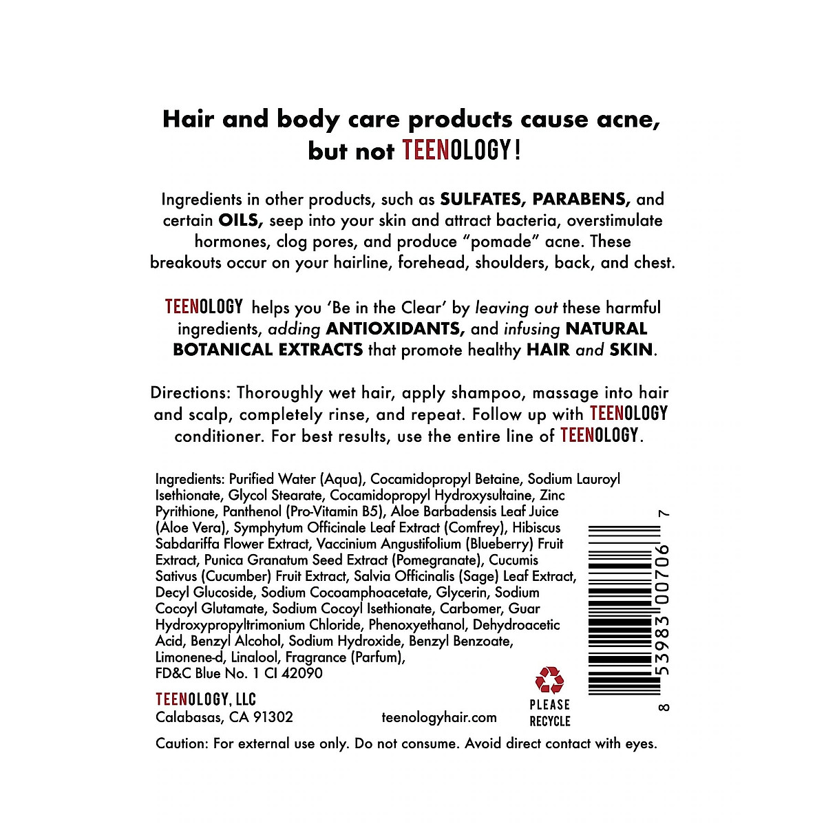 Teenology Shampoo for Teens - Avoid Forehead and Body Breakouts - No Sulfates or Parabens, Noncomedogenic, Natural Botanical Extracts, 16 oz. (Blueberry Pomegranate Cucumber)