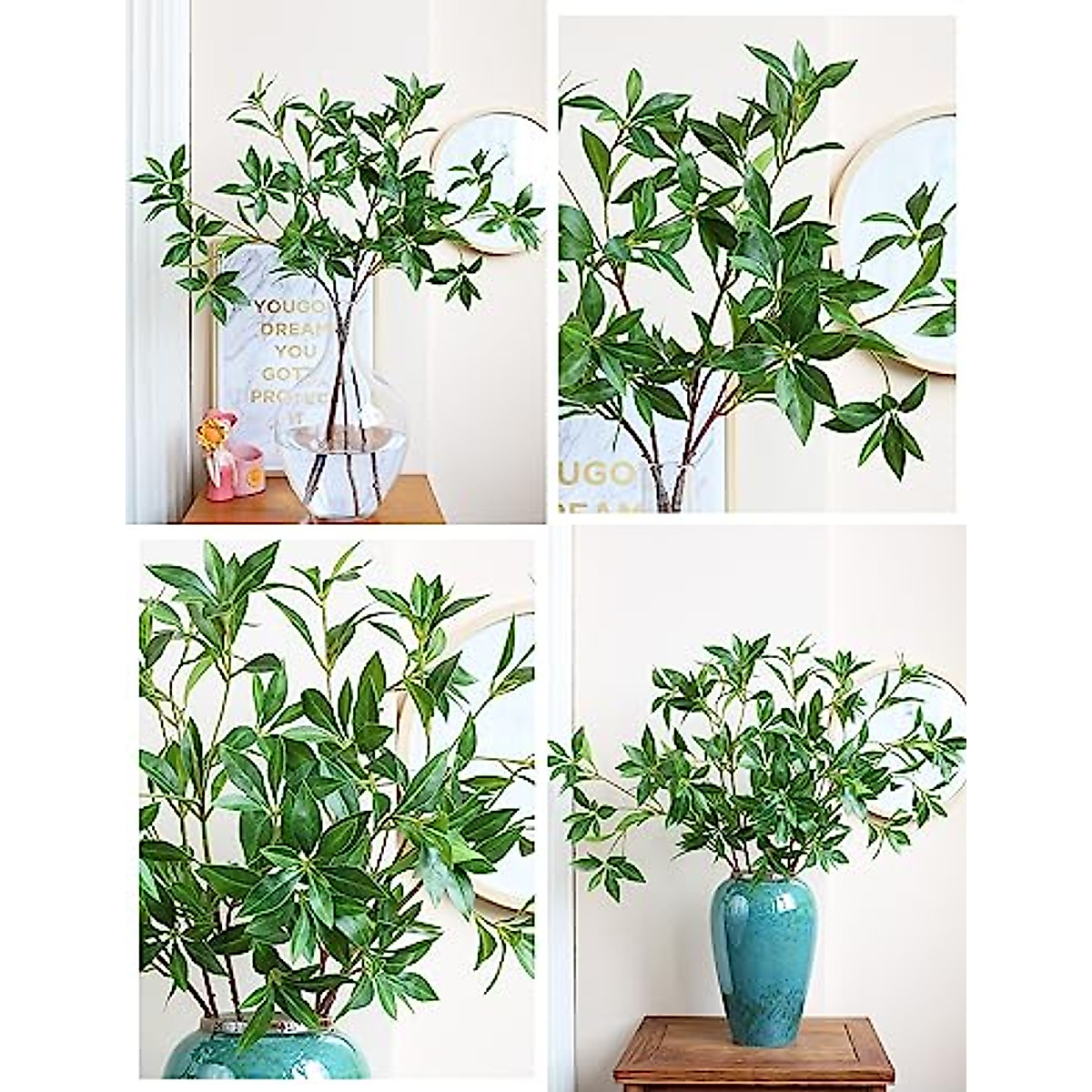 Forlaoers 4pcs Nearly Natural Artificial Plants Fake Green Flowers Leaves Olive Twigs Willow Branches for Tall Vases Home Decor Indoor Living Room Desk Wedding Greenery Stems for Centerpieces