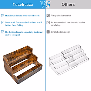 3 Step Countertop Liquor Bottle Display Shelf, Wood Bar Shelves 12 Bottles with Fences, Freestanding Storage Shelves for Liquor Whiskey Wine Coffee Syrup Display, Retro Wine Rack Home (Patent Pending)