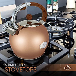 ELITRA HOME Stove Top Whistling Fancy Tea Kettle Stainless Steel Tea Pot with Ergonomic Handle 2.7 Quart / 2.6 Liter (ROSE GOLD)