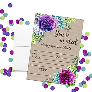 Watercolor Succulent Party Invitations for Birthdays, Baby Showers, Bridal Showers and More! 20 5x7 Fill In Cards with Twenty White Envelopes by AmandaCreation