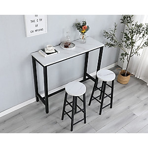 DiMorture Bar Table and Chairs Set Modern Counter Height Pub Table with 2 Stools, 3 Piece Marble Pattern Top & Metal Frame Bar Table Set Dining Table Set Home Kitchen Breakfast Table, White
