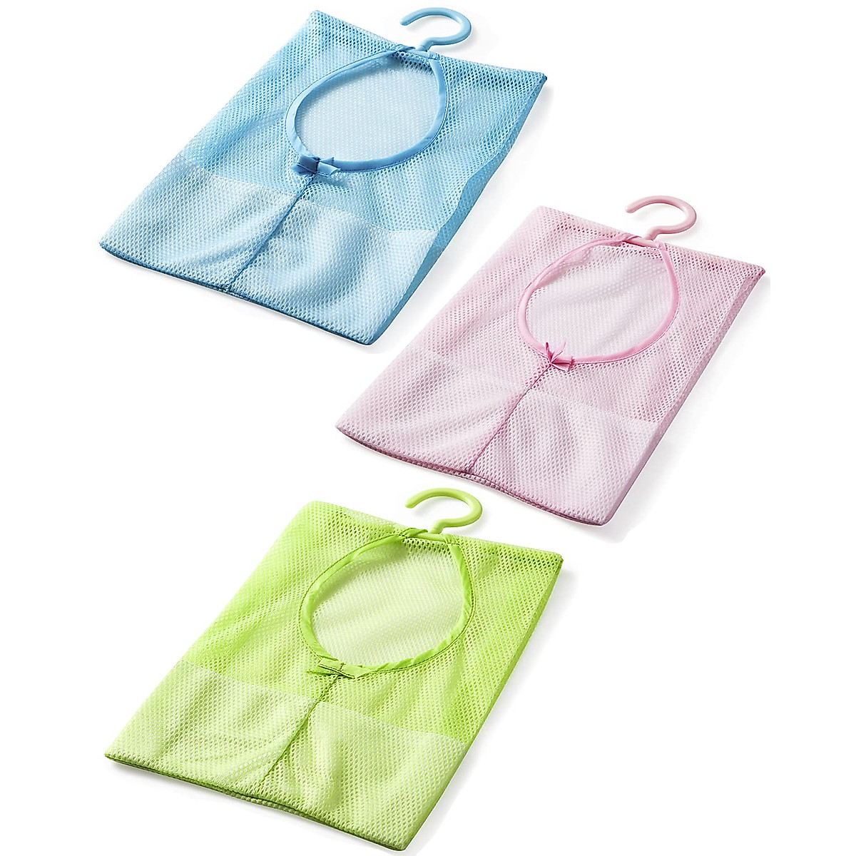 FASANIY Clothespin Bag Hanger Hanging Multipurpose Storage Mesh Colorful Organizer Closet Rack Clothes Clip Collection (Fresh Green (1pc) + Pretty Pink (1pc) + Breezy Blue (1pc))