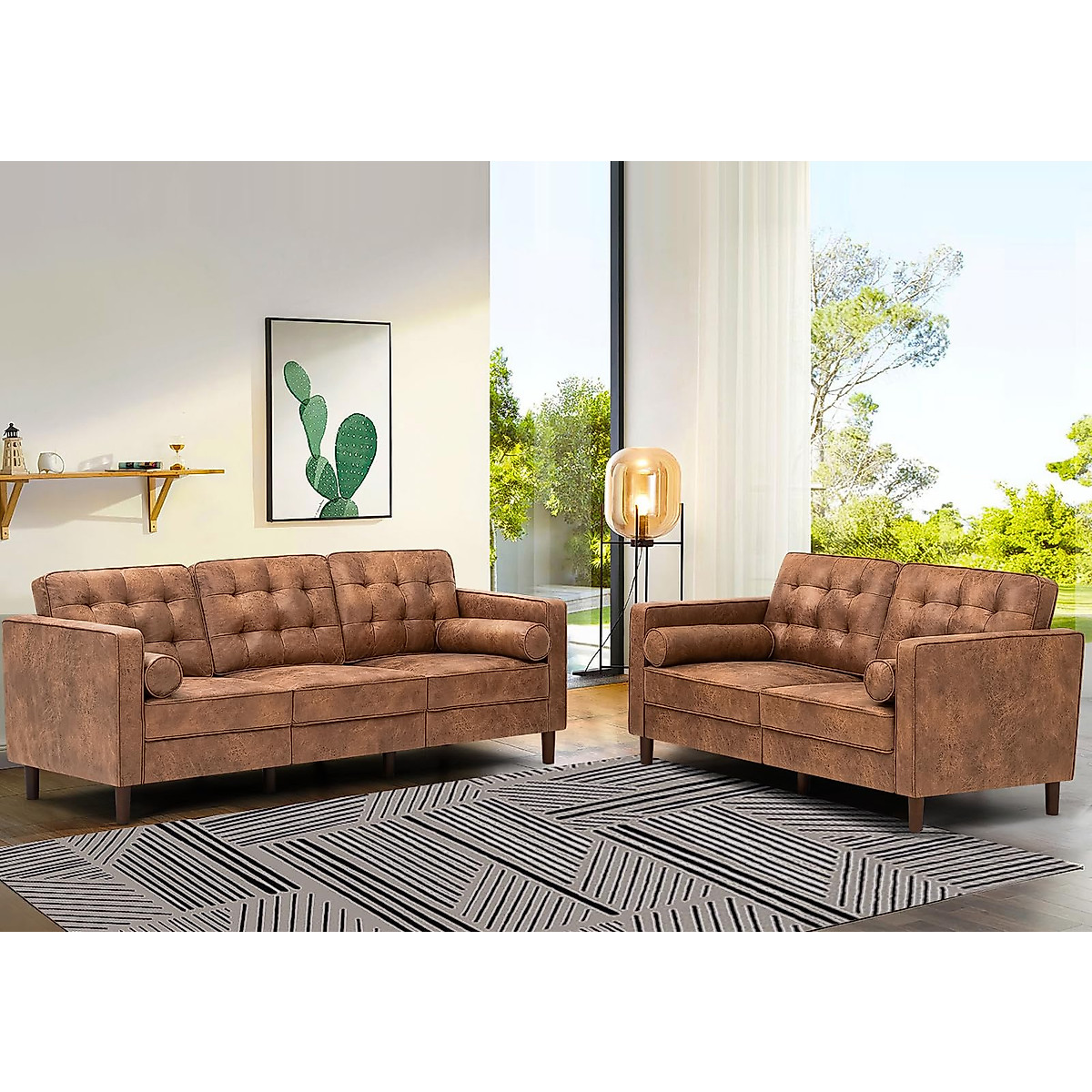 Lesofair Two Pieces Faux Leather Sofa Set with Bolster Pillows,Tufted 3-seat Sofa and Loveseat Couch with Wooden Legs, Upholstered Living Room Set for Living Room, Office, Brown