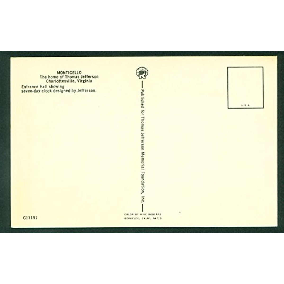 Monticello Entrance Hall Seven Day Clock Designed by President Thomas Jefferson Home Charlottesville Virginia VA Vintage Postcard