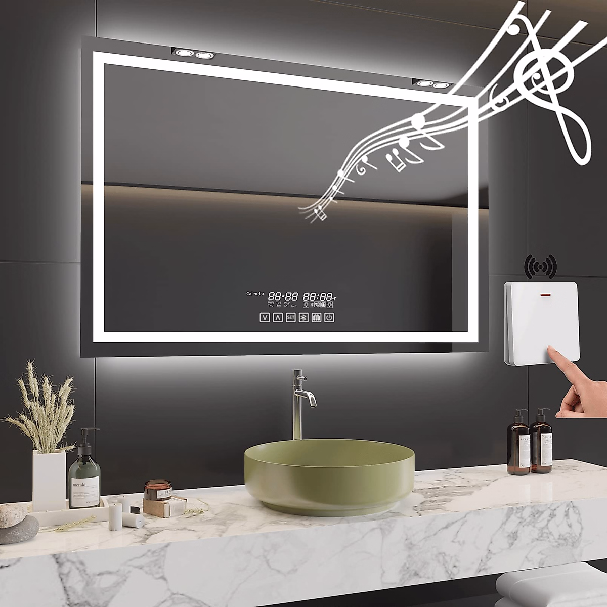 GESIPOR 60"x36" Bathroom LED Mirror with Wireless Speaker Wall Switch - Lighted Vanity Mirrors for Bathroom Wall Mounted Backlit, Dimmable Light 3000K/6000K Anti-Fog Makeup Smart Mirror (Horizontal)