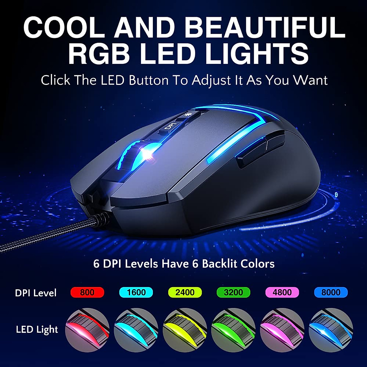 BENGOO Wired Gaming Mouse, PC Computer Mice USB Mouse with 6 RGB LED Modes, High-Precision 6 Adjustable DPI Up to 8000, 7 Programmable Buttons, Ergonomic Optical Mouse for Windows PC Mac Laptop Gamer