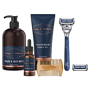 King C. Gillette Grooming Kit, 1 Razor with 2 Blade Refills,1 Oz Beard Oil, 11 Oz Beard Wash, 5 Oz Shave Gel, 1 Comb