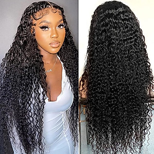 SYHGK 13x6 Deep Wave Lace Front Wigs Human Hair Wigs HD Transparent Deep Curly Lace Frontal Glueless Wigs Human Hair Lace Front Wigs Pre Plucked 150% Density Natural Black 24 Inch