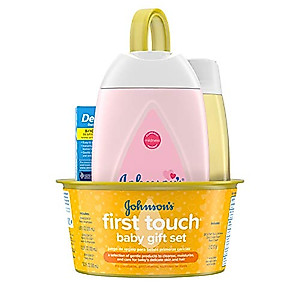 Johnson's First Touch Baby Gift Set, Baby Bath, Skin, & Hair Essential Products, Kit for New Parents with Wash, Shampoo, Lotion, & Diaper Rash Cream, Hypoallergenic & Paraben-Free, 5 Items