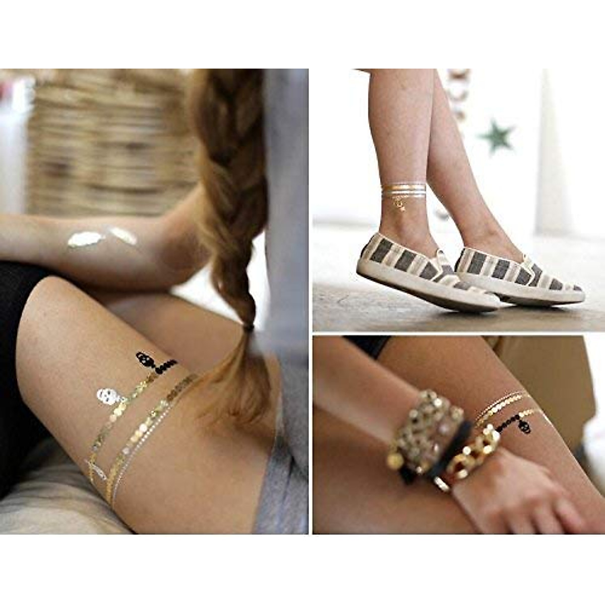 Temporary Tattoos,Metallic,5 Large Sheets Gold Silver Glitter, by WffDirect,80+ Color Flash Fake Waterproof Tattoo Stickers-For Adults or Kids