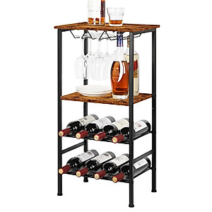YBING Wine Rack Freestanding Floor Wine Bar Rack with Glass Holder and Tabletop 8 Bottle Wood Wine Tables with Racks 4 Tier Wine Bottle Organizer Display Storage Stand , Rustic Brown