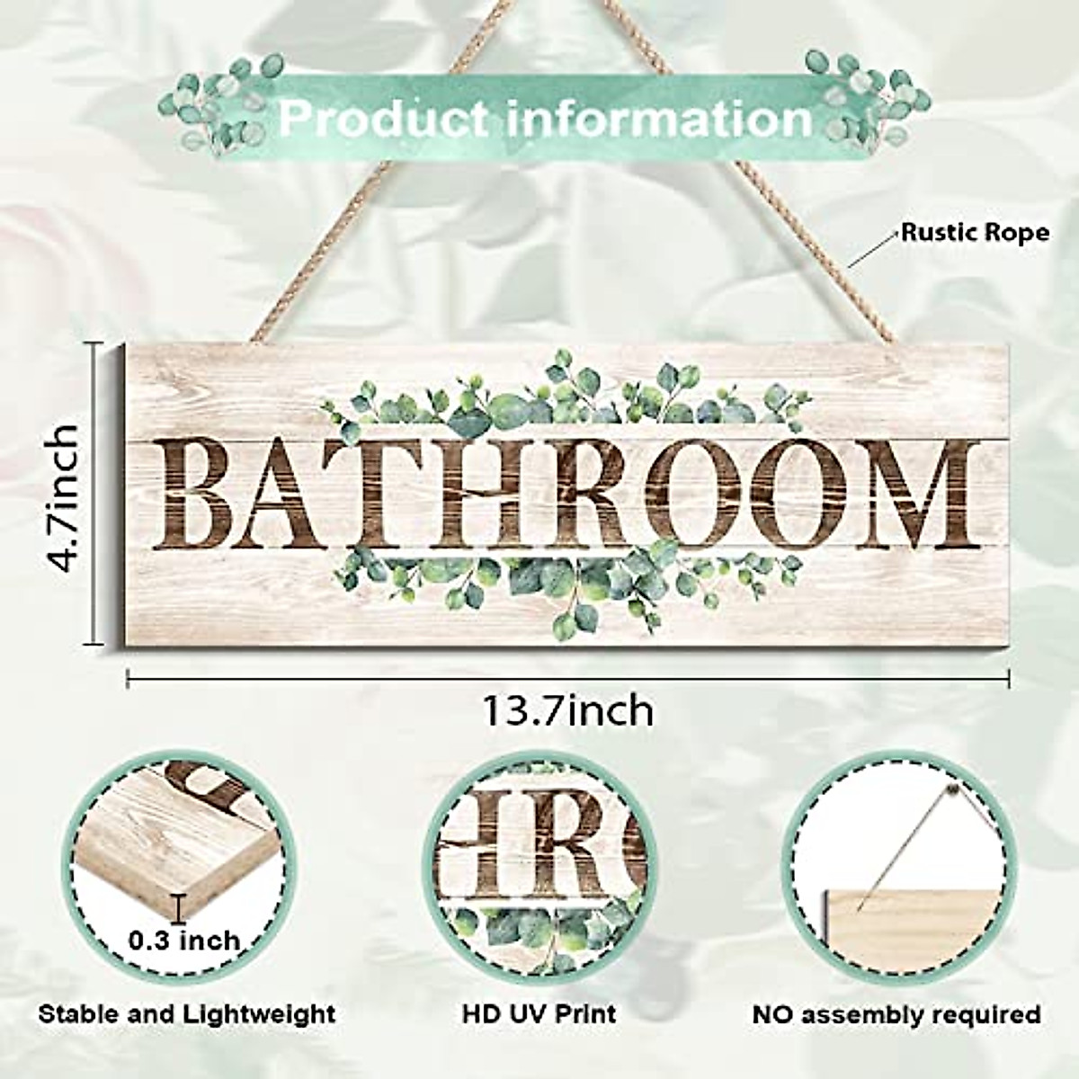 Bathroom Sign Wall Decor, Bathroom Wall Art Farmhouse Bathroom Sign Wood Hanging Wall Plque Decorative for Bathroom, Christmas Gift for Home, 4.7x13.7 Inch, Small