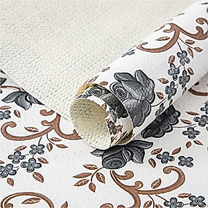 FIFTY-FEET 18X96 Inch Shelf Liner for Kitchen Cabinets, PVC Drawer Liner for Dresser Non-Slip Bathroom, Non-Adhesive Cabinet Liner Washable (Black Floral)(1 Roll)