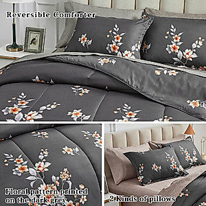 7 Pieces Bed in a Bag Queen Comforter Set with Sheets, Dark Grey Floral Design Soft Microfiber Bedding Sets for All Season (1 Comforter, 2 Pillow Shams, 1 Flat Sheet, 1 Fitted Sheet, 2 Pillowcases)