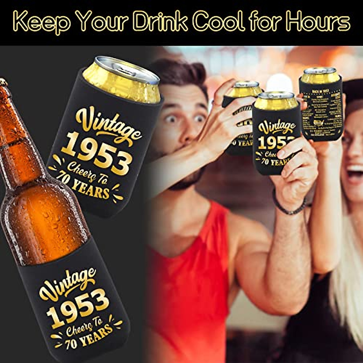 BdayPtion 70th Birthday Decorations for Men Women, 70th Party Decorations, 70 Year Old Bday Party Supplies, Seventy Birthday Present, Black and Gold Pack of 12 Can Cooler Sleeves