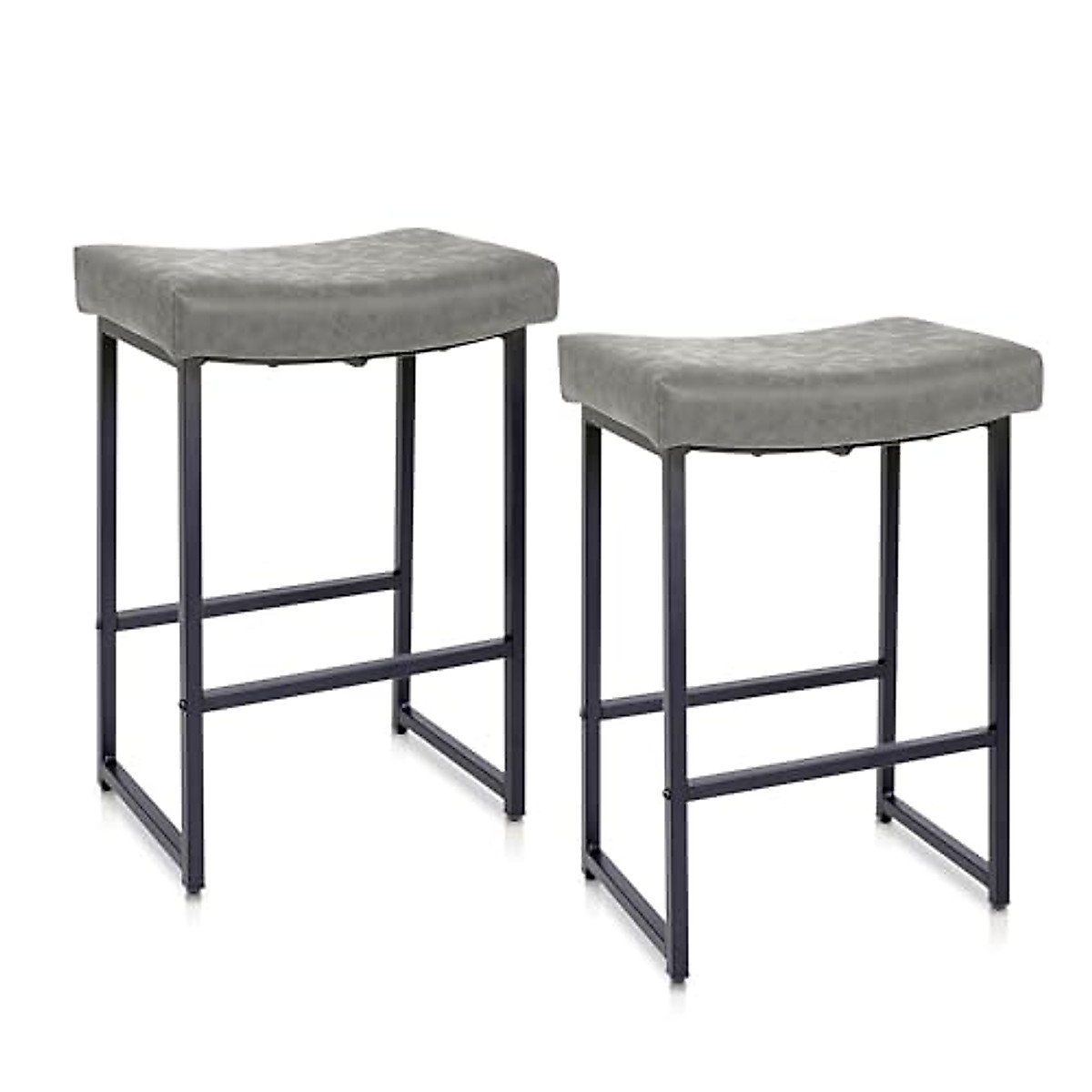 ALPHA HOME Bar Stools Backless Saddle Seat Barstools Modern PU Leather Cushion Counter Height Chairs Set of 2 for Kitchen Island, Dining Pub and Bistro, 24 Inches, Grey, 2PCS